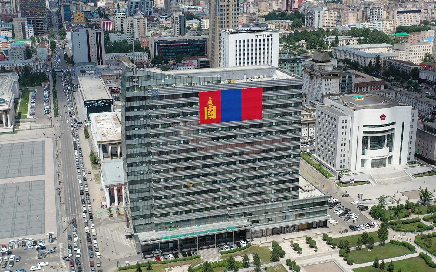 State flag of Mongolia displayed on Central Tower